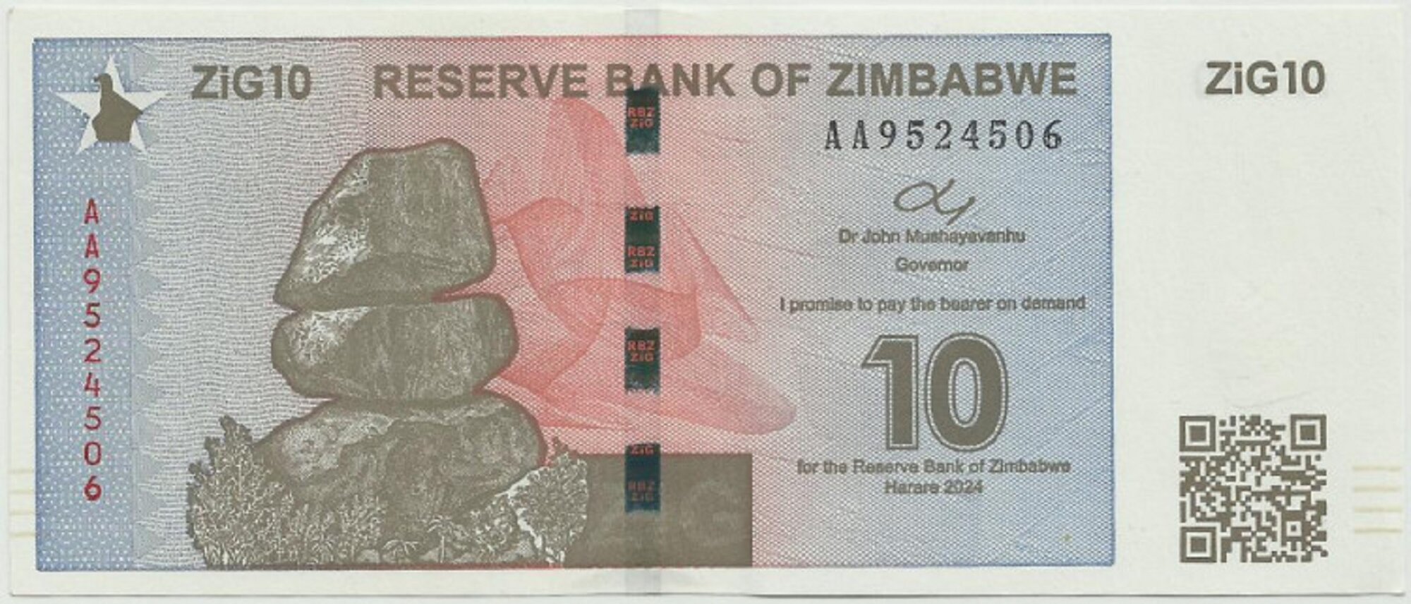 Банкнота номиналом 10 ЗиГ Зимбабве 2024 года. Состояние UNC. P-W110 (40943)