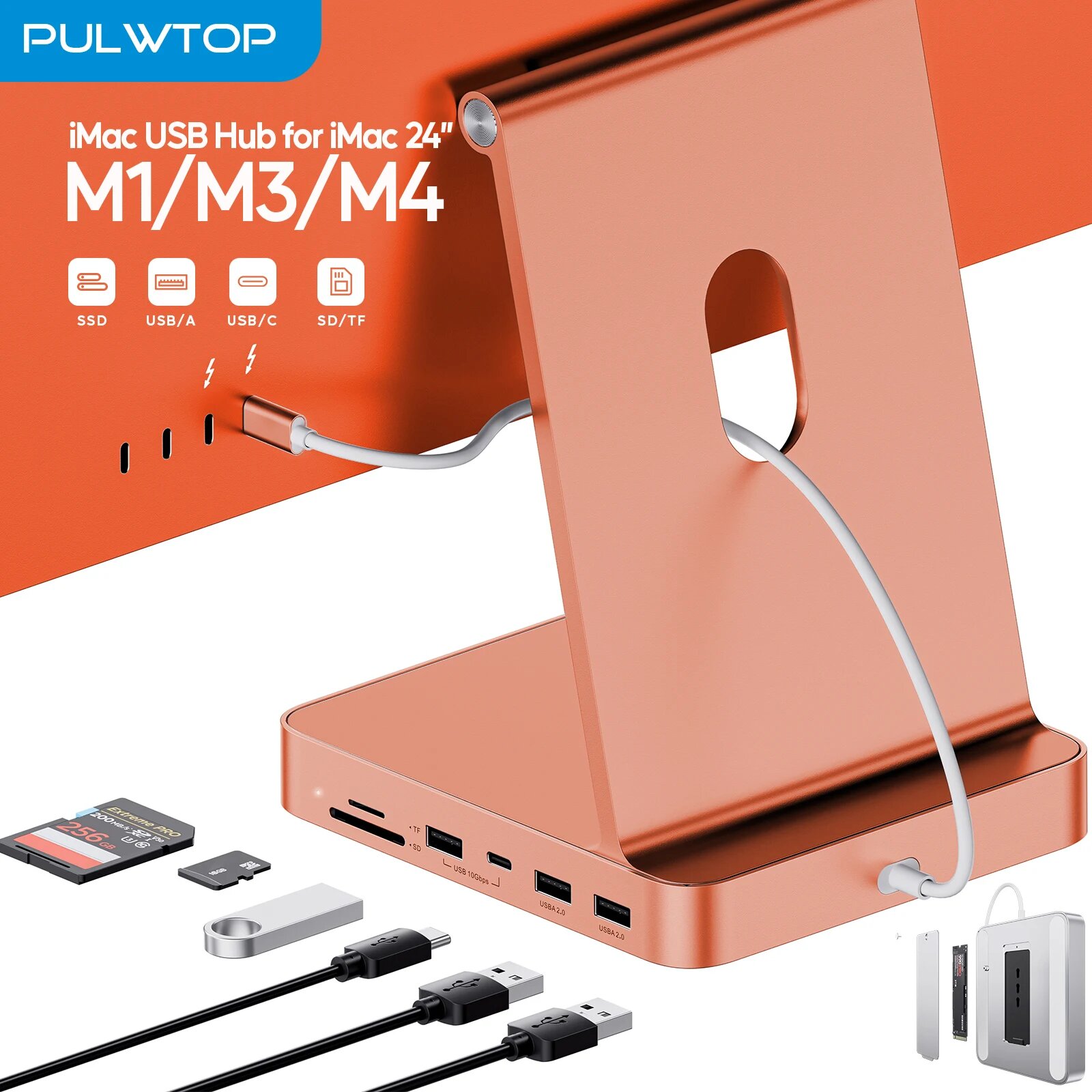 PULWTOP USB-C хаб для iMac 24" M1/M3/M4, оранжевый