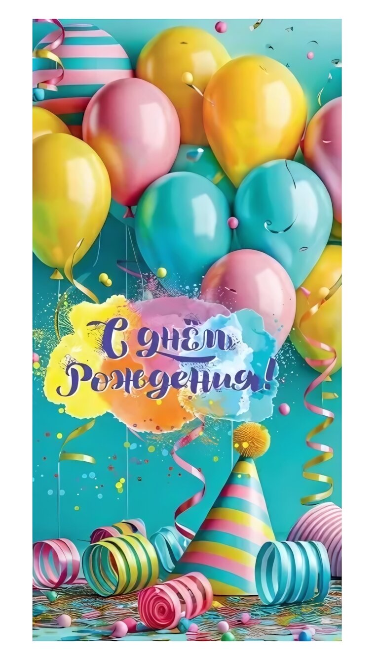 Конверт для денег с днём рождения, бирюзовый, с шарами и конфетти, с текстом внутри