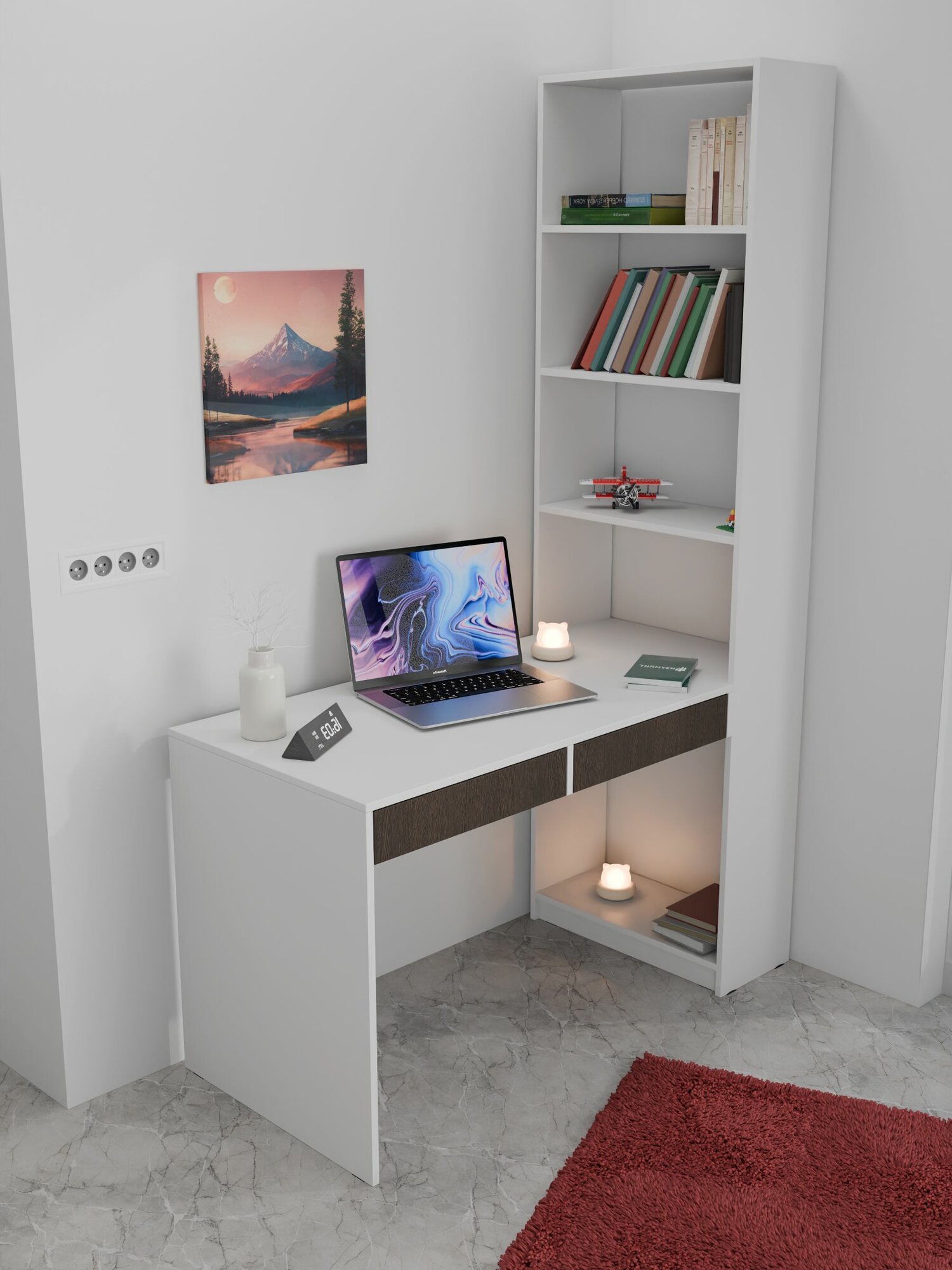 Изумлит Стол-стеллаж письменный угловой, стеллаж справа 200х130х59.2 см, белый-венге