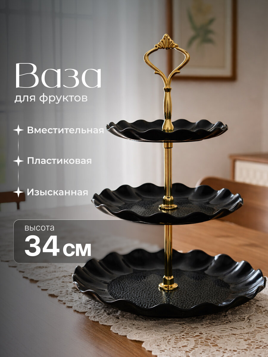 Фруктовница трехъярусная этажерка пластиковая Shiny Kitchen, черная