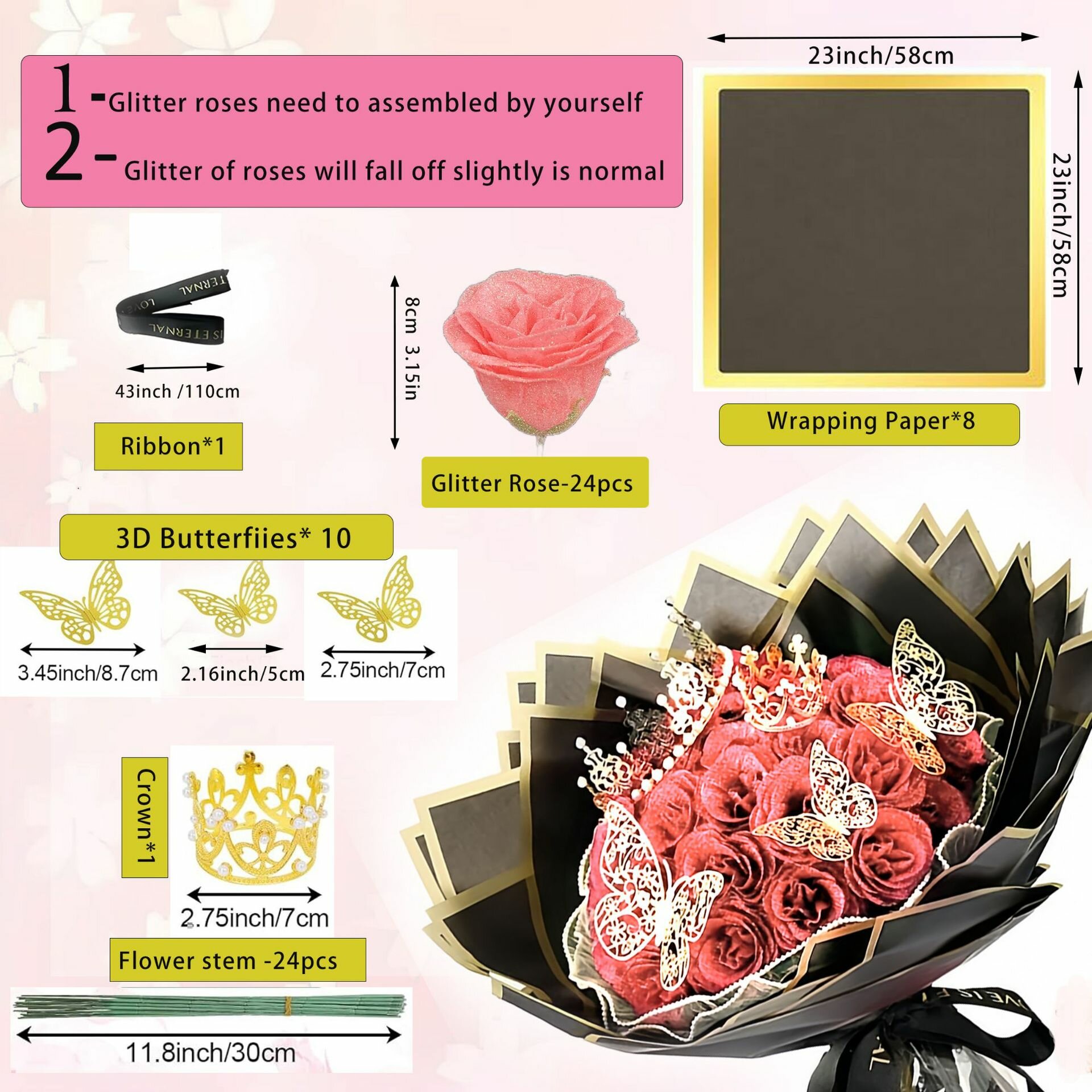 Блестящие розы, 3D-бабочки, корона, 24-36 штук, золотой блестящий букет, искусственные розы, бумага для упаковки своими руками, искусственные цветы на Хэллоуин.