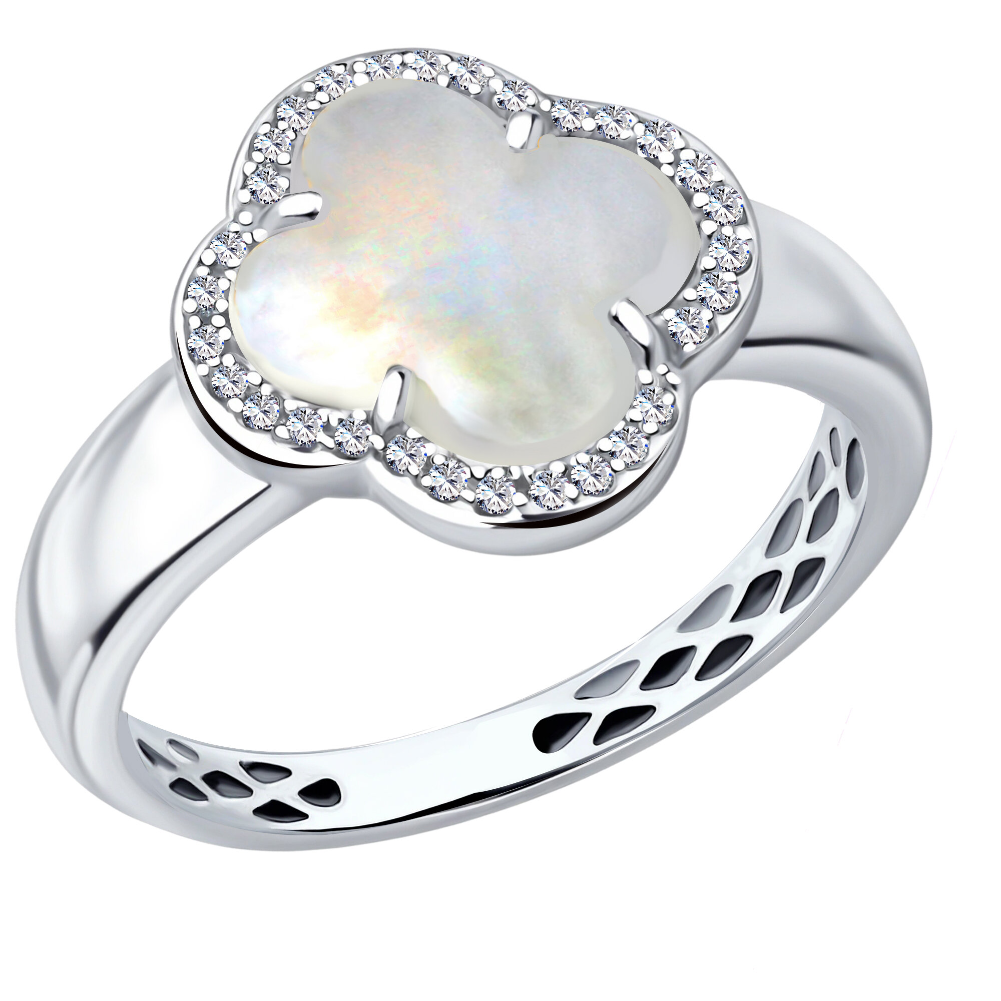 Кольцо, серебро, 925 проба, родирование, перламутр, фианит