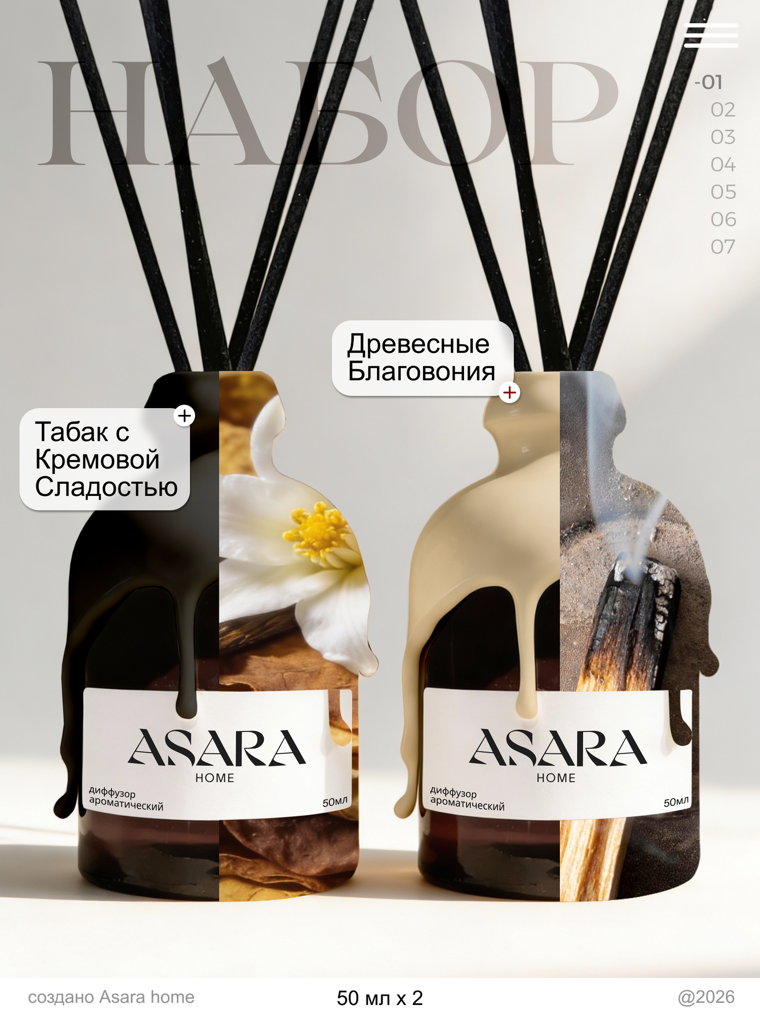 Диффузор для дома набор с палочками 2 штуки с ароматами сандала и табак ваниль