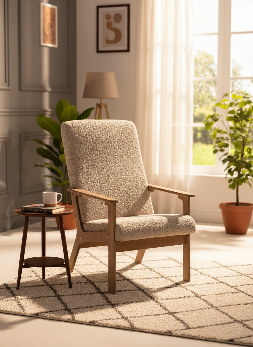 Кресло для отдыха "ретро" от "Мягкой посадки" с высокой спинкой, обивка бежевое букле