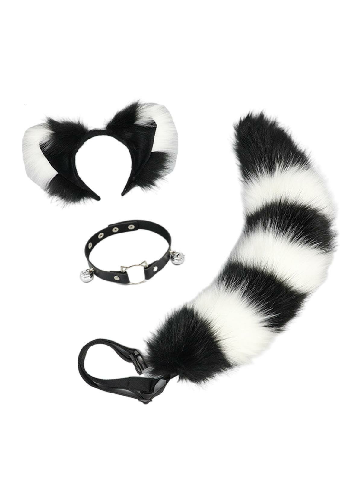 Головной убор «кошачьи уши» с хвостом лисы, Черное и белое