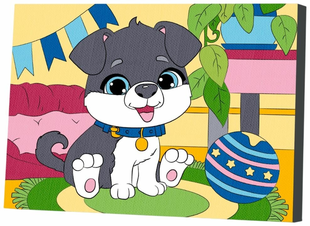 Картина по номерам "Пёсик" на холсте с подрамником, раскраска для детей, набор для творчества, живописи и рисования, в комплекте морозостойкие краски 6 цветов, 15х21 см