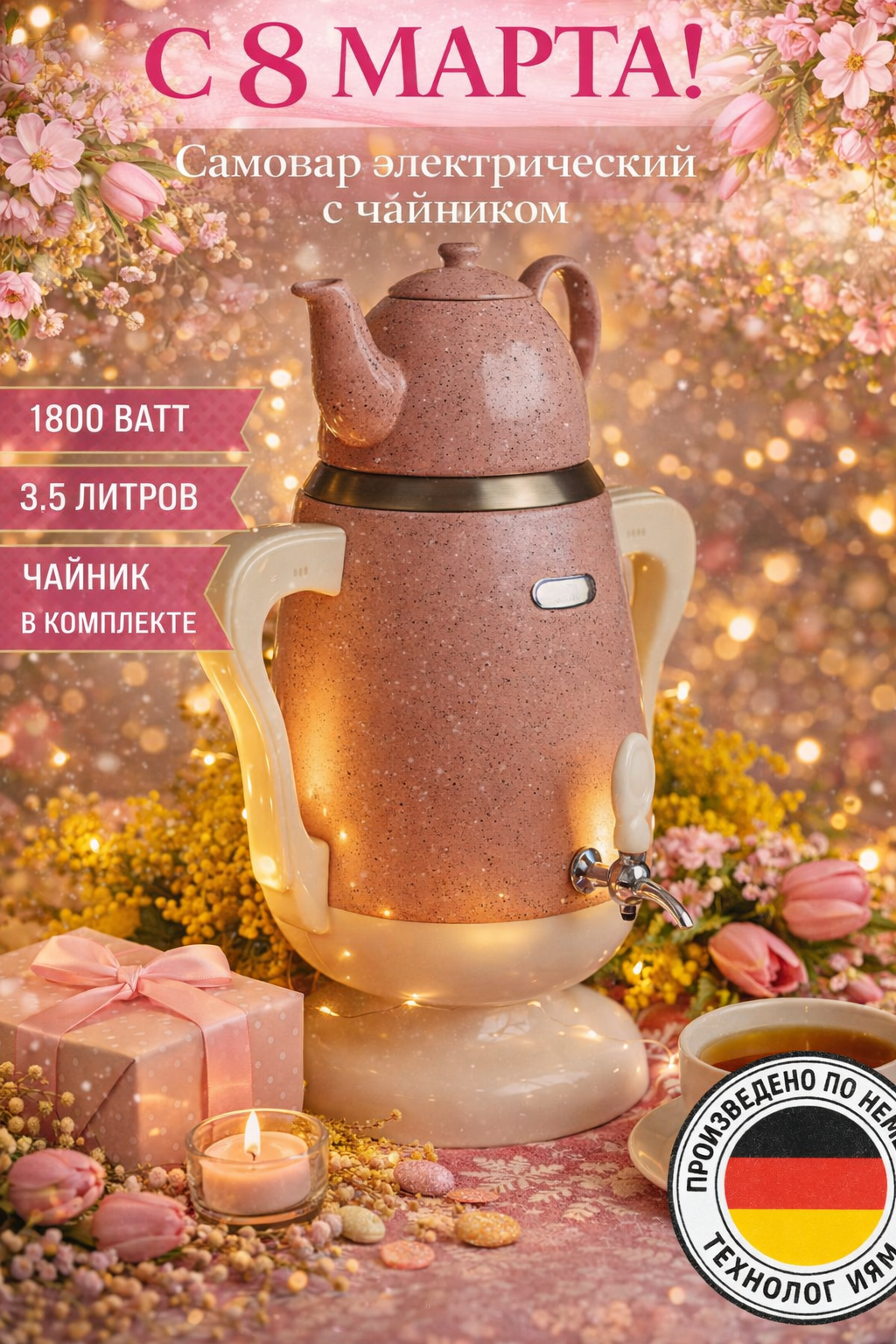 Самовар электрический с керамическим чайником, 1800 ватт, 3.5 литров