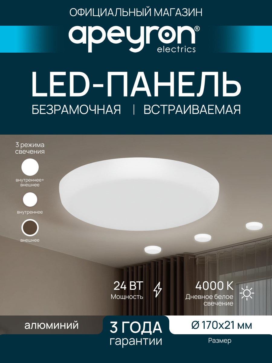 Светодиодная встраиваемая безрамочная панель Apeyron FLP 24Вт, 4000К, круг d170мм, белый, 06-108