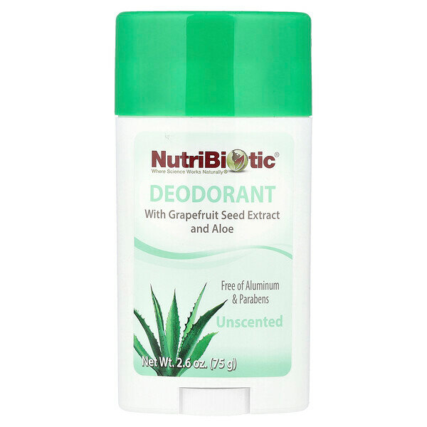 NutriBiotic Дезодорант без запаха, 75 г, без алюминия и парабенов, с экстрактами семян грейпфрута и алоэ