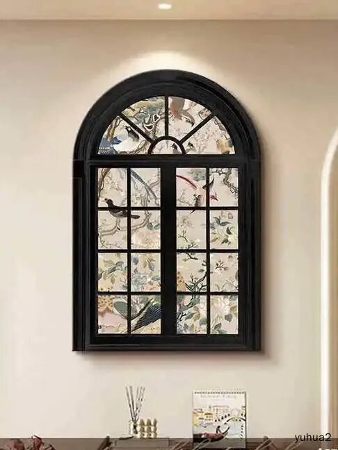 Фальш-окно 100x67 см Черного цвета с изображением птиц для декора интерьера