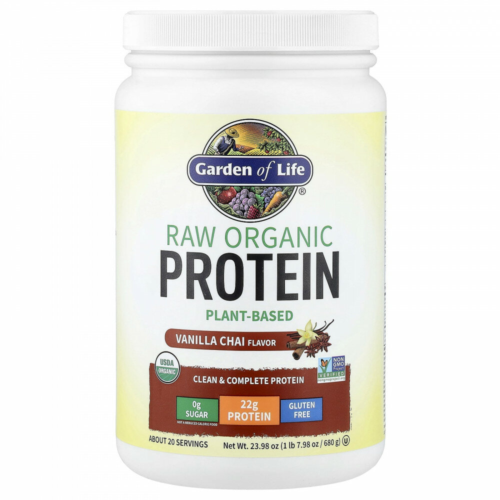 Garden of Life, необработанный органический протеин, со вкусом ванильного чая, 680 г (1 фунт, 7,98 унции)