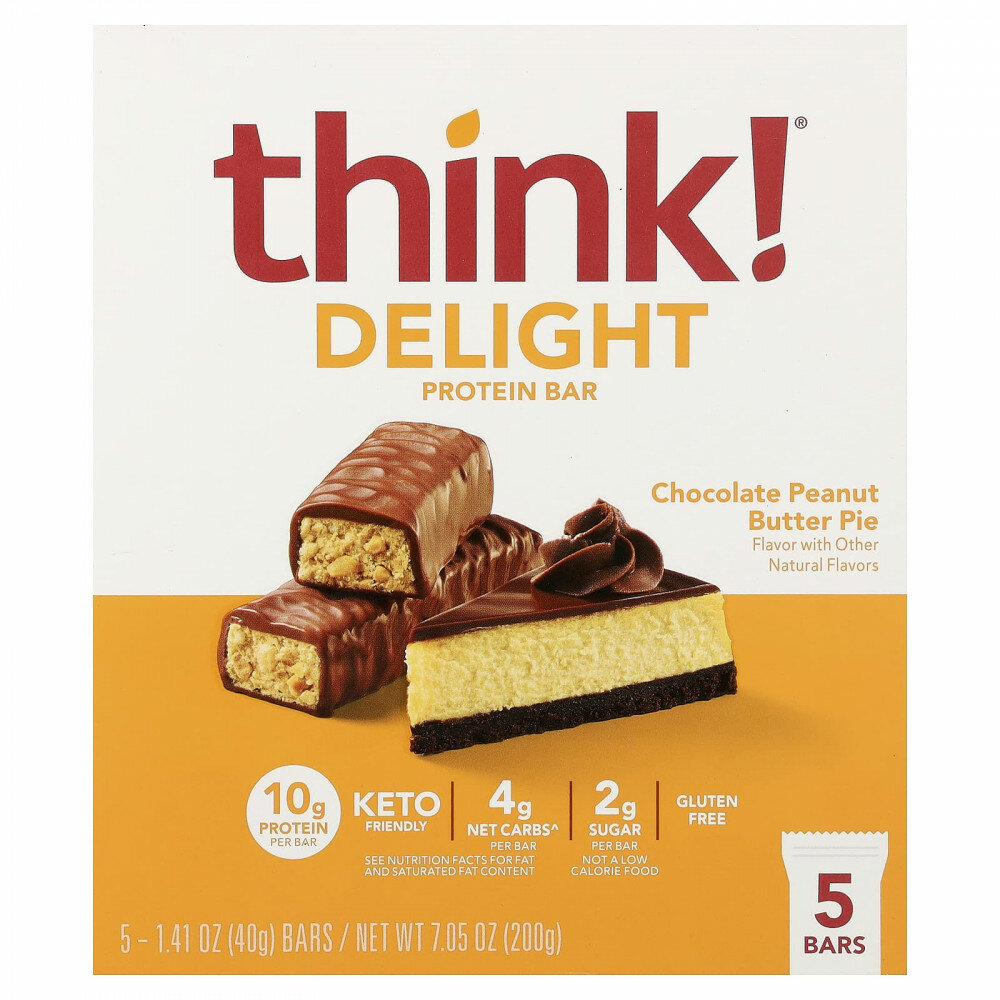 Think , Delight Protein, протеиновый батончик, шоколадный пирог с арахисовой пастой, 5 шт. по 40 г (1,41 унции)