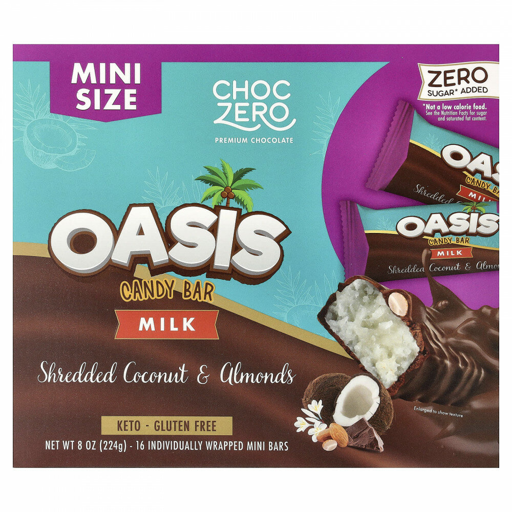 ChocZero, Oasis, шоколадный батончик, молоко, кокос и миндаль, 16 мини-батончиков в индивидуальной упаковке, 14 г (0,5 унции) каждый