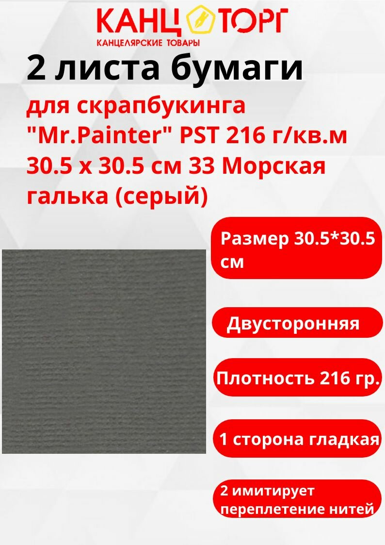 2 листа бумаги для скрапбукинга "Mr.Painter" PST 216 г/кв. м 30.5 x 30.5 см 33 Морская галька (серый)