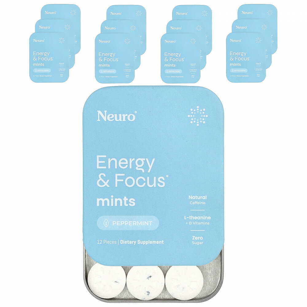 NeuroGum, мятные конфеты для энергии и концентрации, перечная мята, 12 пакетиков по 12 шт.