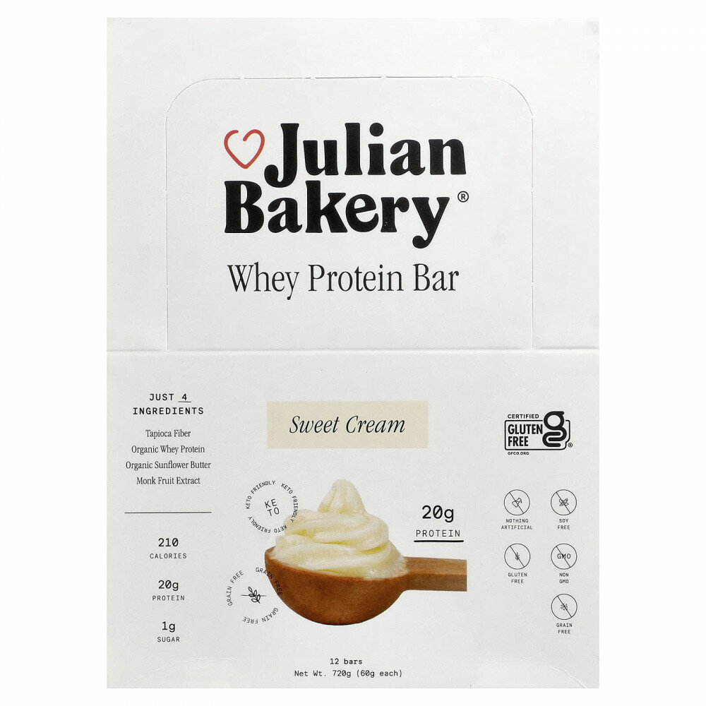 Julian Bakery, батончик сывороточного протеина, со вкусом сладких кремов, 12 батончиков по 60 г (2,1 унции)