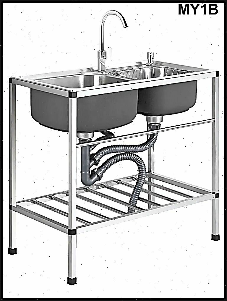 Кухонная мойка, двойная чаша из нержавеющей стали краном для горячей и холодной воды, Высота: 75см