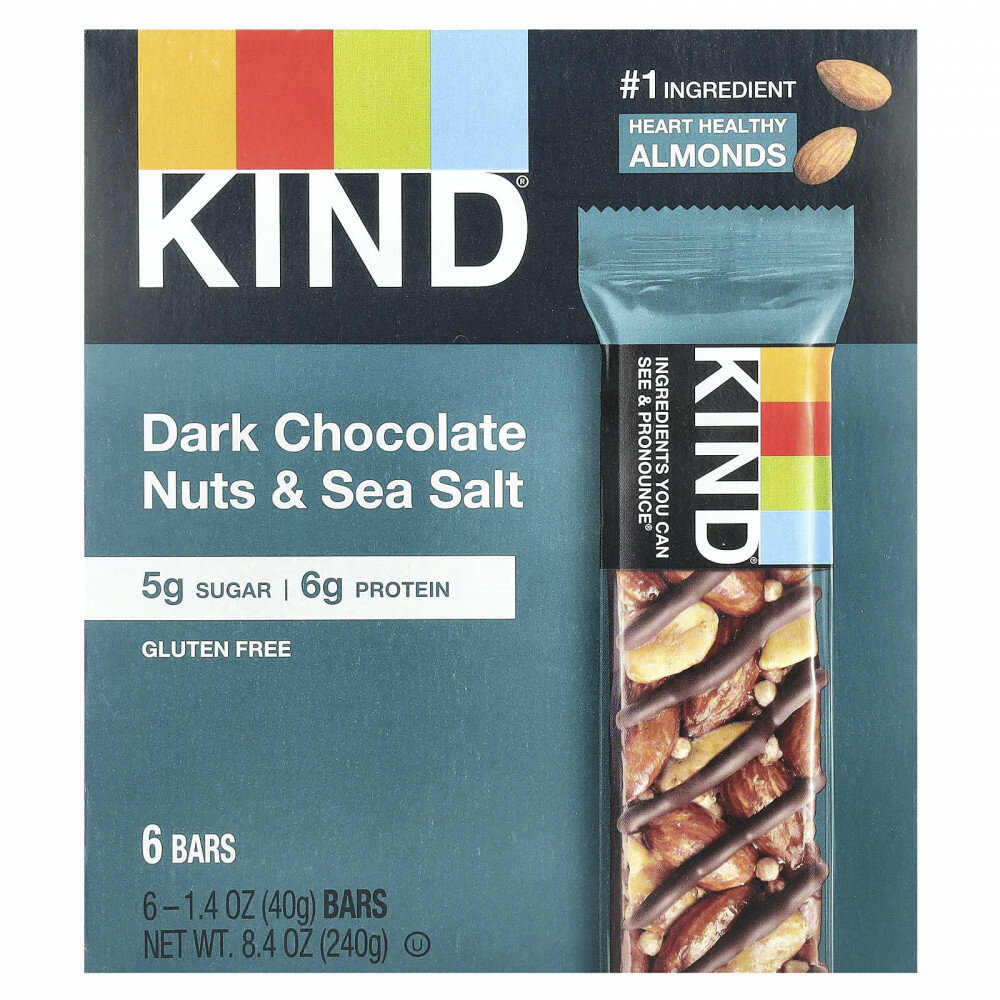 KIND Bars, Протеиновые батончики, темный шоколад, орехи и морская соль, 6 батончиков по 40 г (1,4 унции)