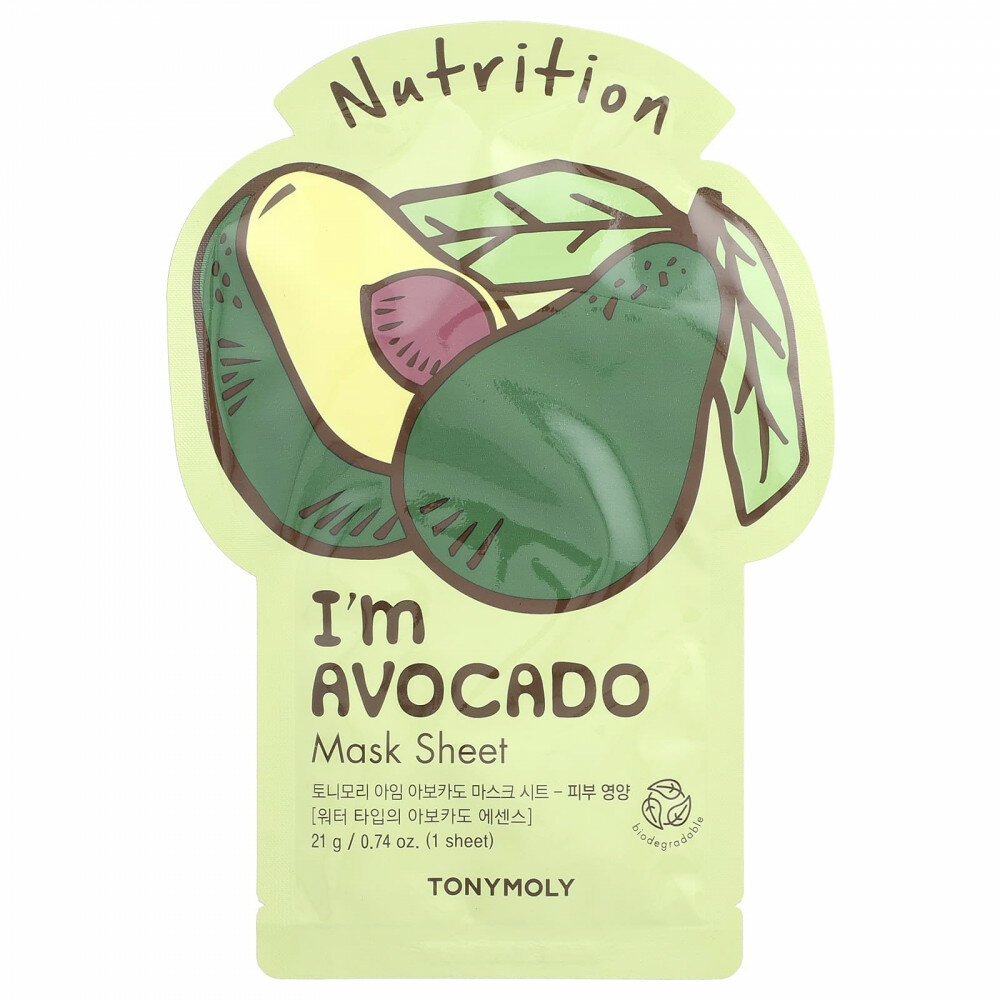 TonyMoly, I'm Avocado, питательная тканевая маска, 1 шт, 21 г (0,74 унции)