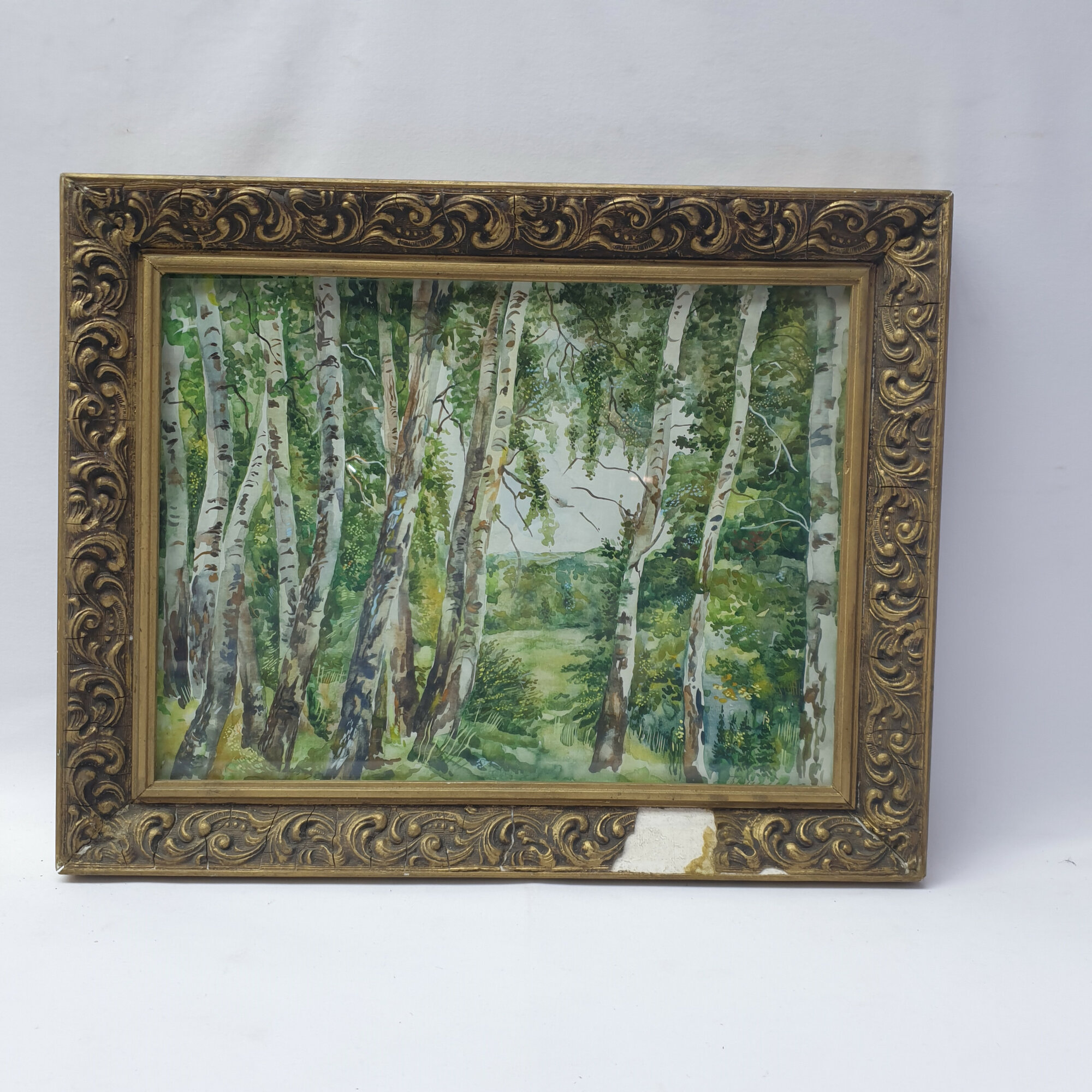 Винтажная картина Березовая роща, фанера, масло, 40х30 см, дарственная надпись
