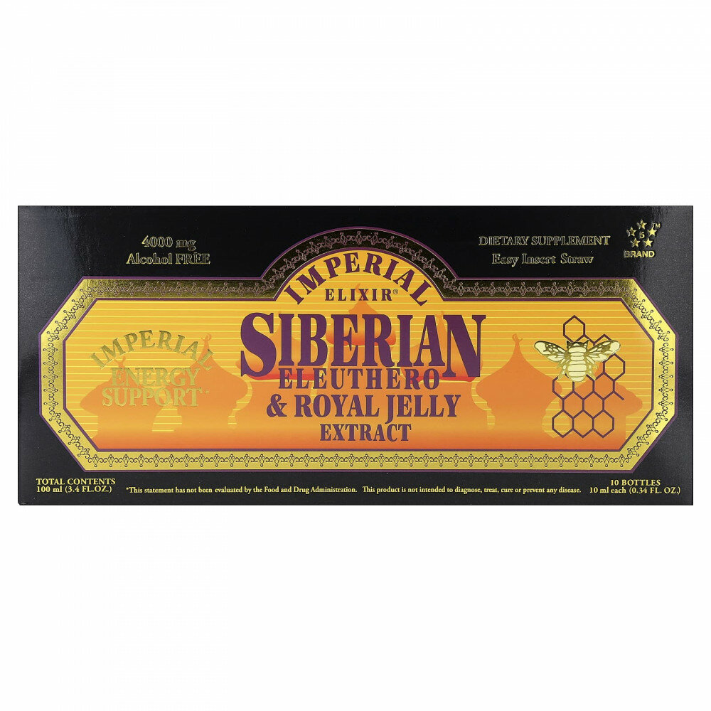 Imperial Elixir, экстракт сибирского женьшеня и маточного молочка, без спирта, 10 флаконов по 10 мл (0,34 жидк. унции)