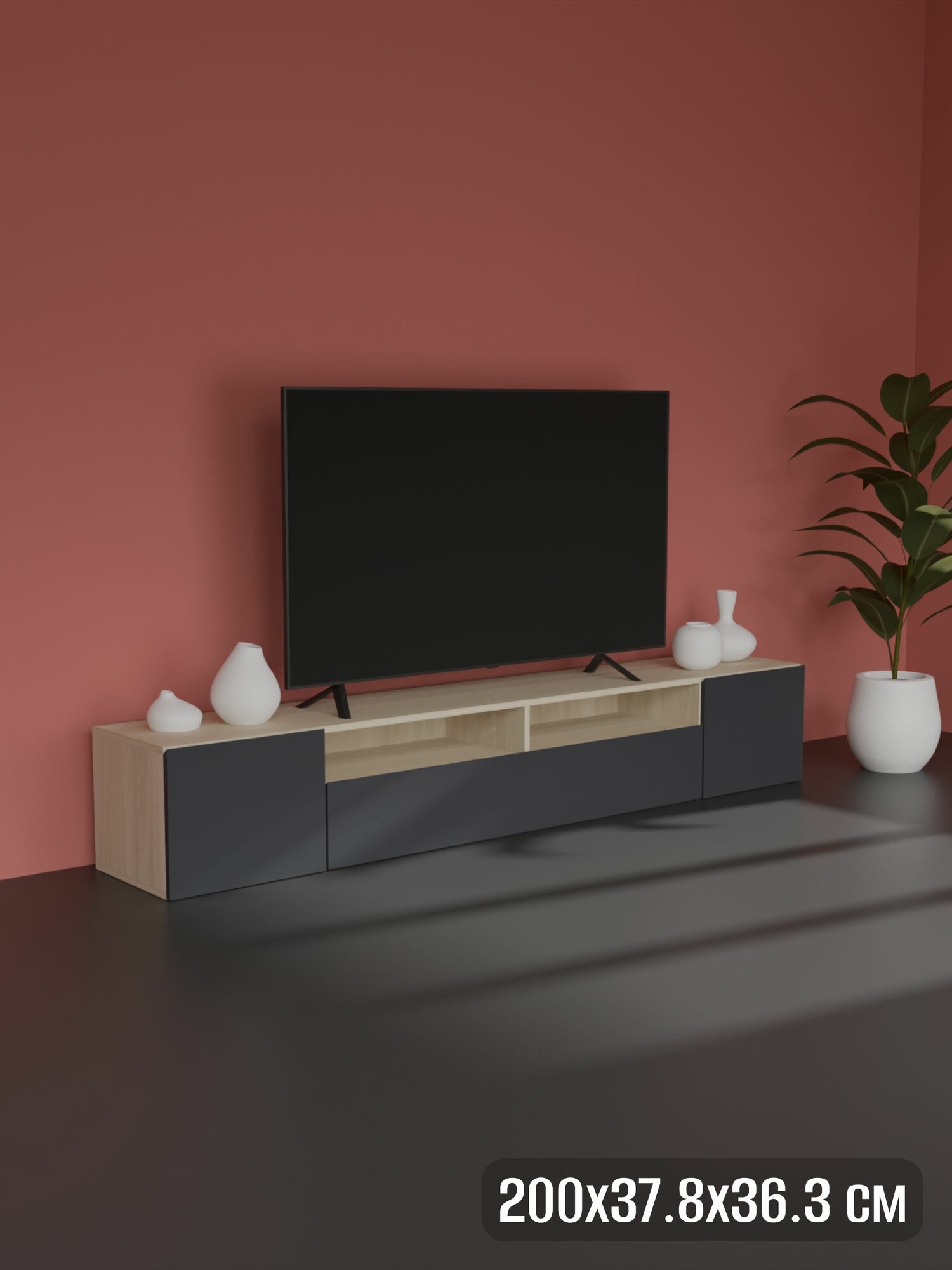 Тумба под телевизор горизонт 200х37.8х36.3 см, ясень шимо св/ фасад графит