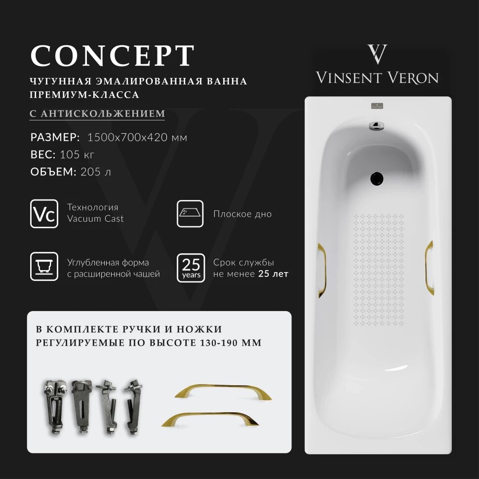 Ванна чугунная Vinsent Veron Concept VCO1507042H/VH0012GD-AS 150x70 см, с ручками, антискользящим покрытием, белый