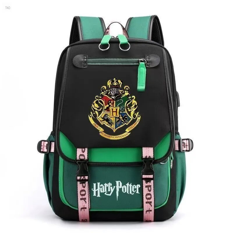 Рюкзак Harry Potter школьный для подростков, с USB, черный и зеленый, Оксфорд, 45x31x18 см