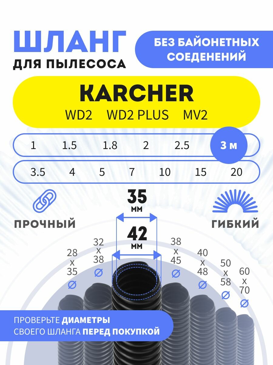 Шланг гибкий для пылесосов Karcher серий WD2/WD2 Plus/MV2 3 м