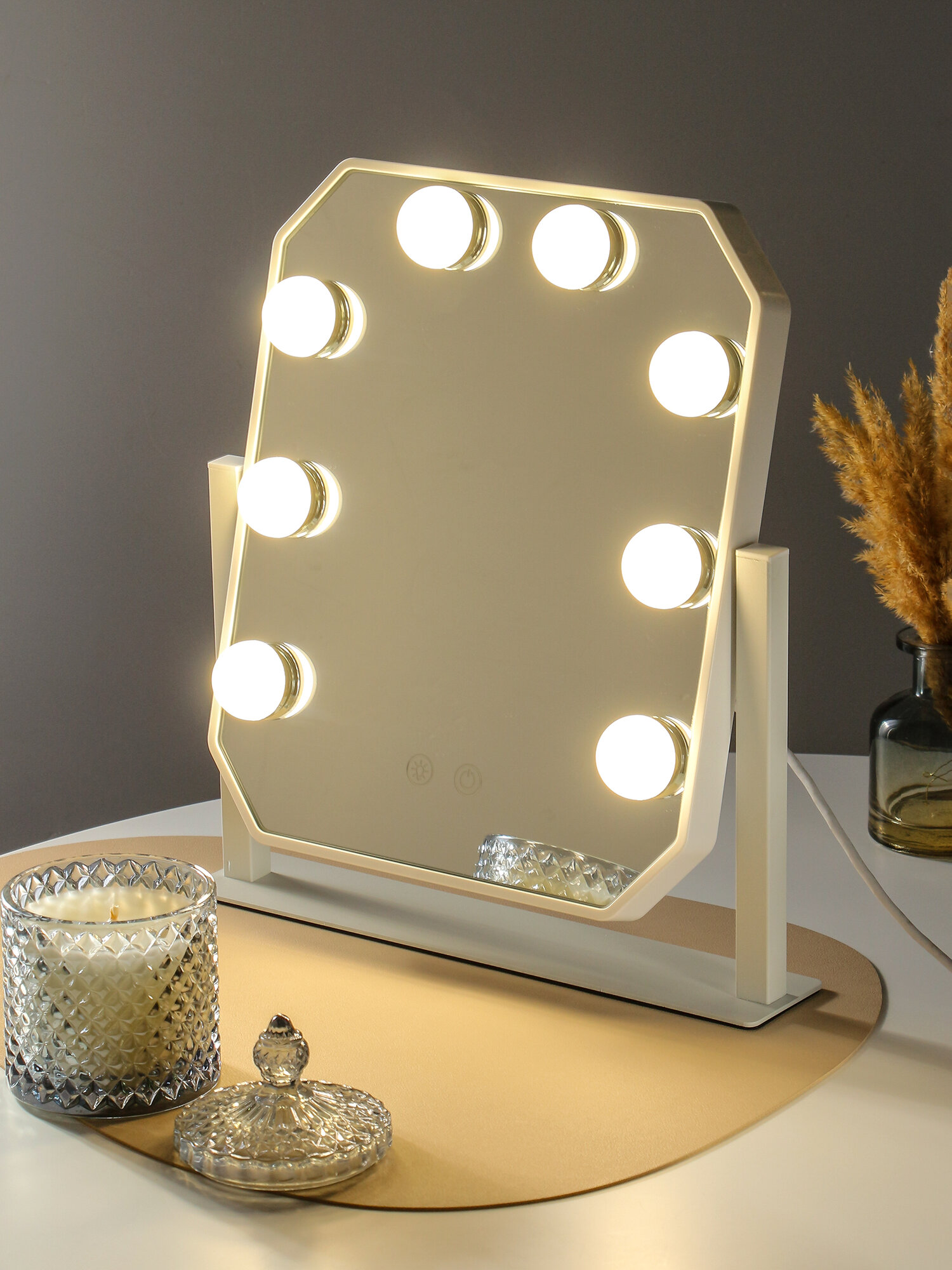 Косметическое настольное зеркало с LED подсветкой и лампочками для макияжа, гримерное, белое, 30х25 см, Y4-11342