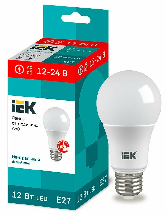 Лампа светодиодная IEK A60 груша 12Вт 12-24В 4000К E27