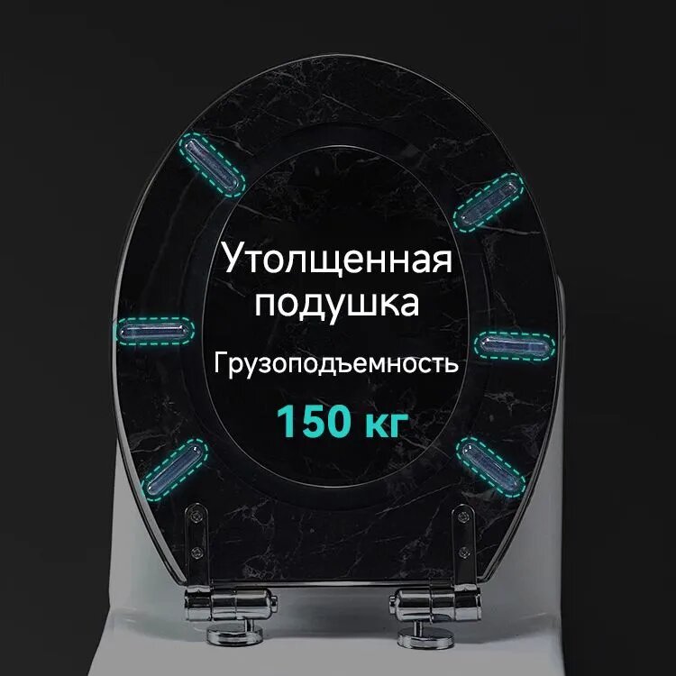 Сиденье для унитаза овальной формы с черным мраморным рисунком, размеры 36x42 см, быстросъемное — фото 1