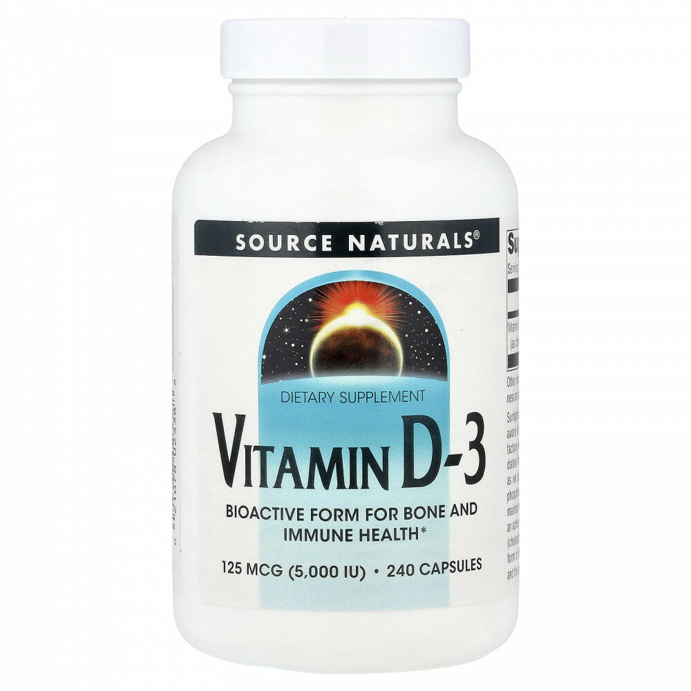 Source Naturals, витамин D3, 125 мкг (5000 МЕ), 240 капсул