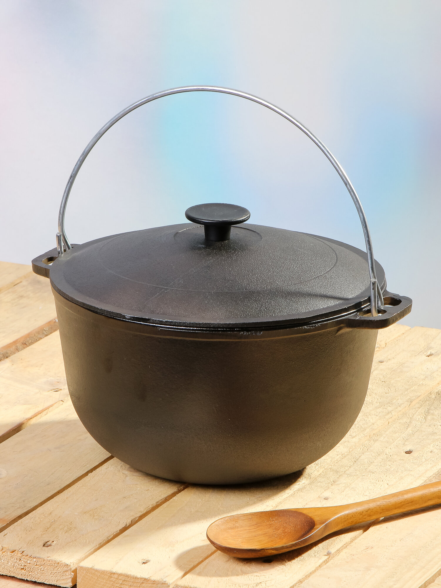 Казан чугунный Гардарика 6 л, литая крышка, стальная дужка, узбекский тип для плова, индукции, открытого огня, 1506-3