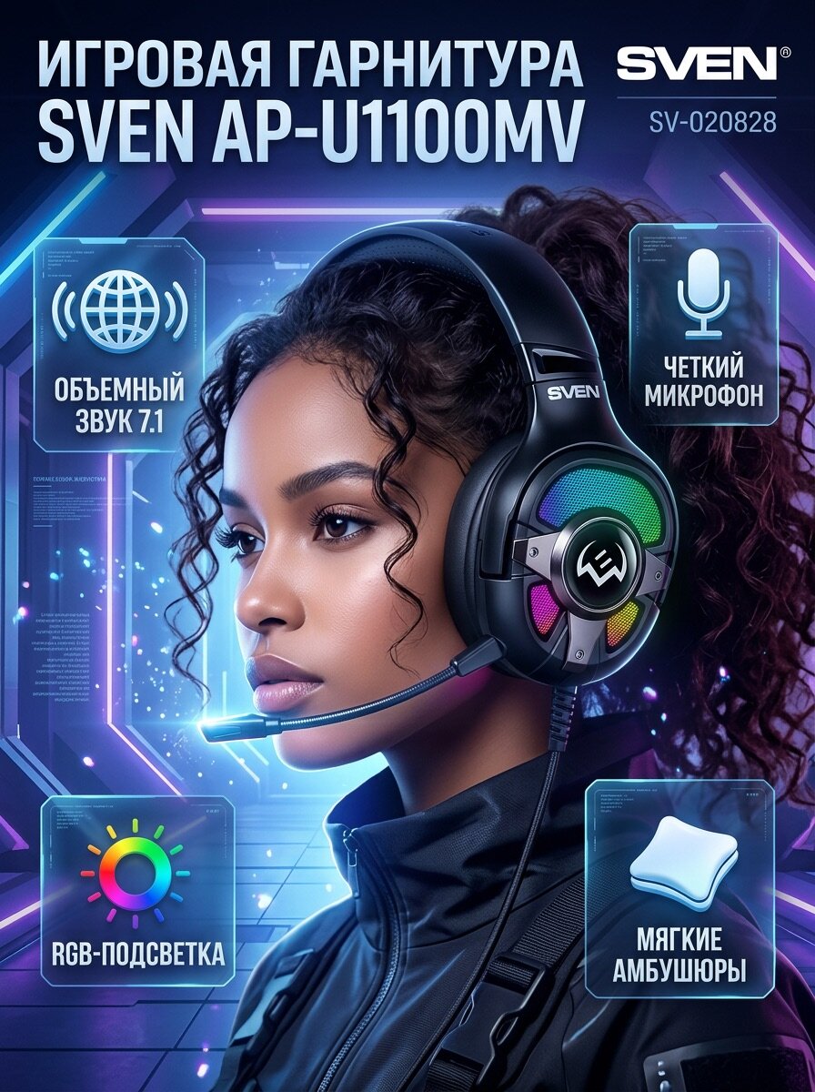 Игровые наушники с микрофоном SVEN AP-U1100MV, черный (USB, RGB, 7.1)