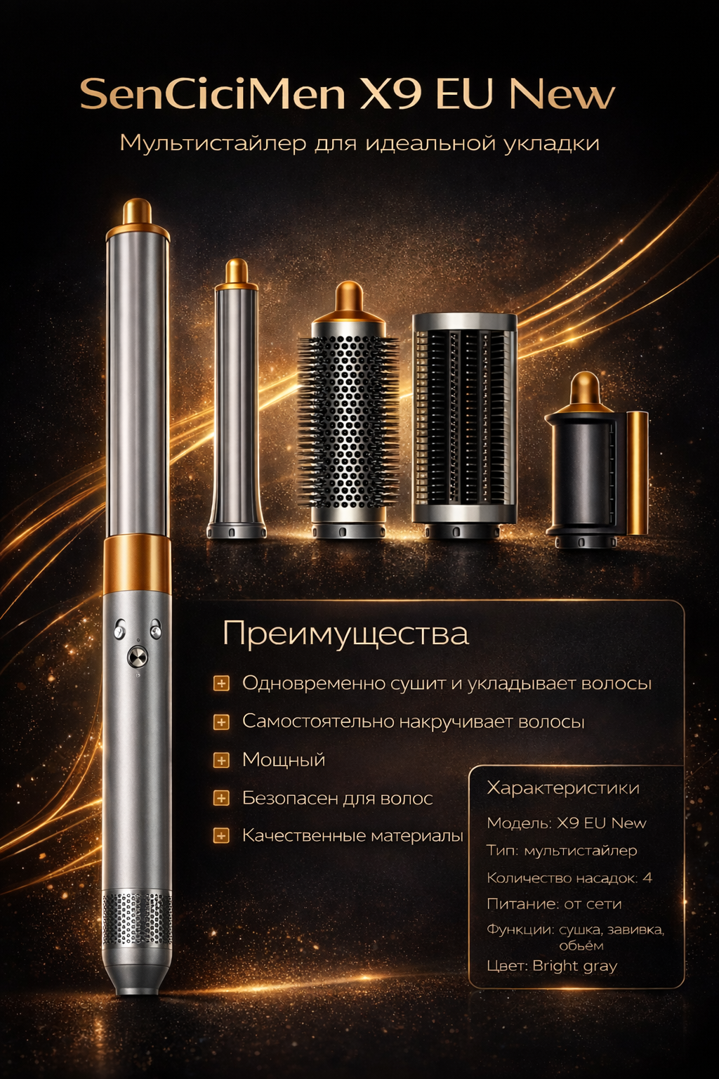 Мультистайлер SenCiciMen X9 (Насадок 4шт) серый EU (Global Версия)