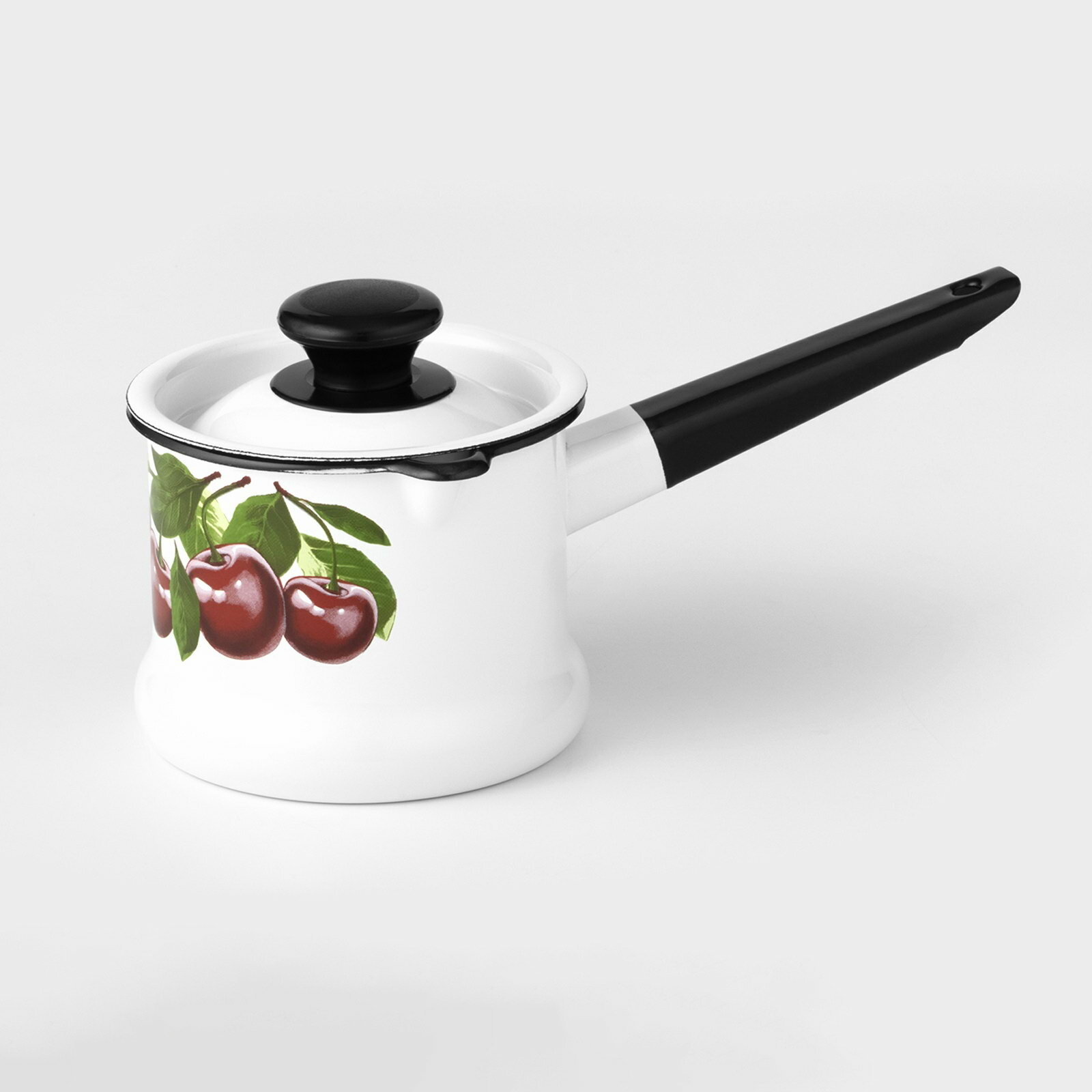 Ковш эмалированный "Вишнёвый сад", 1 л, с крышкой, металлическая ручка, белый