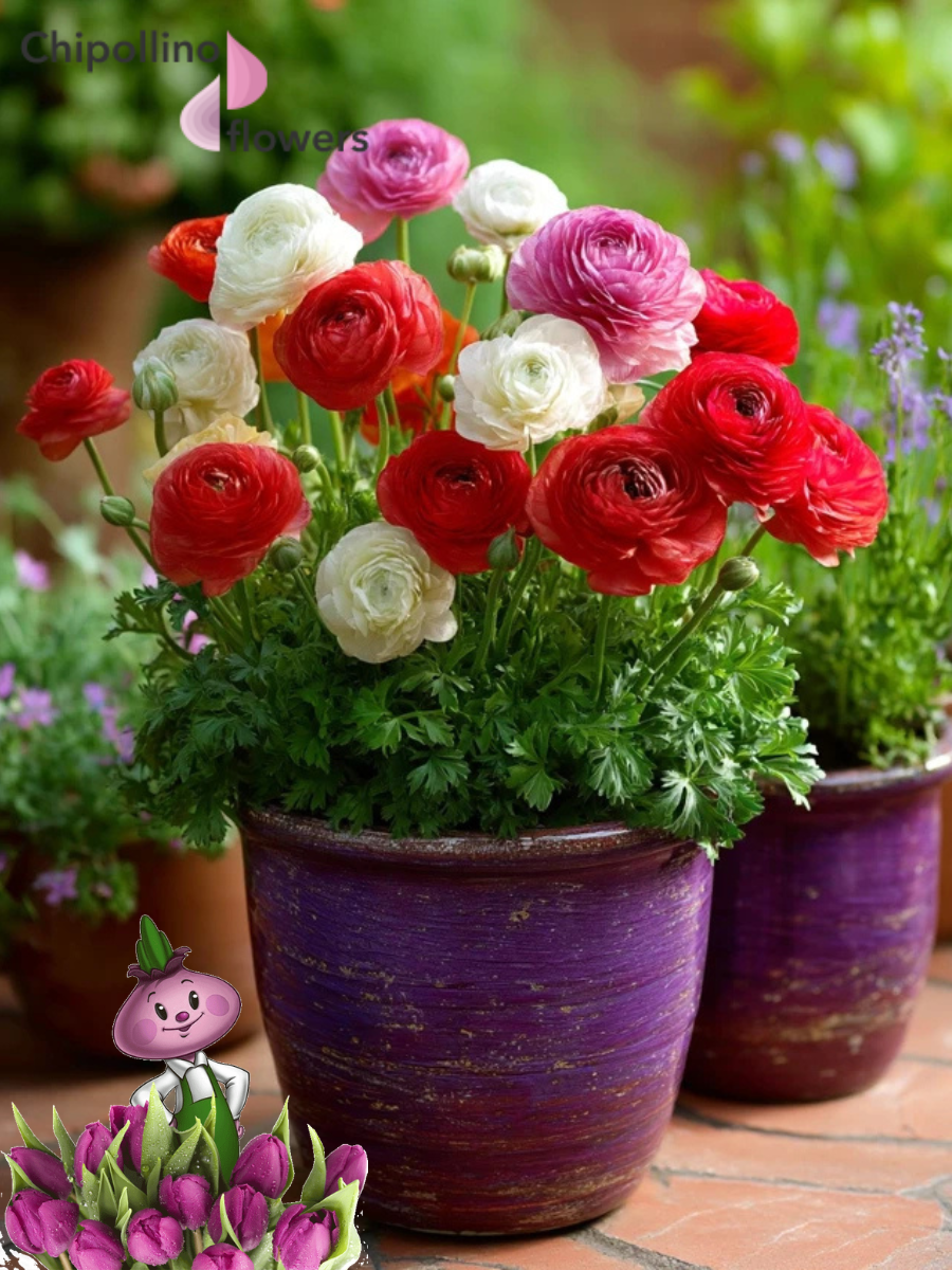 Луковицы цветов, сhipollino flowers, ранункулюс RED AND WHITE MIX (10 луковиц)