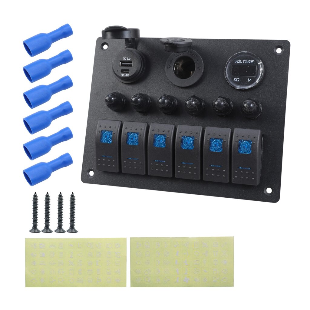 Панель Переключателей с 6 Кнопками с Цифровым Вольтметром и USB-зарядкой Простая Установка