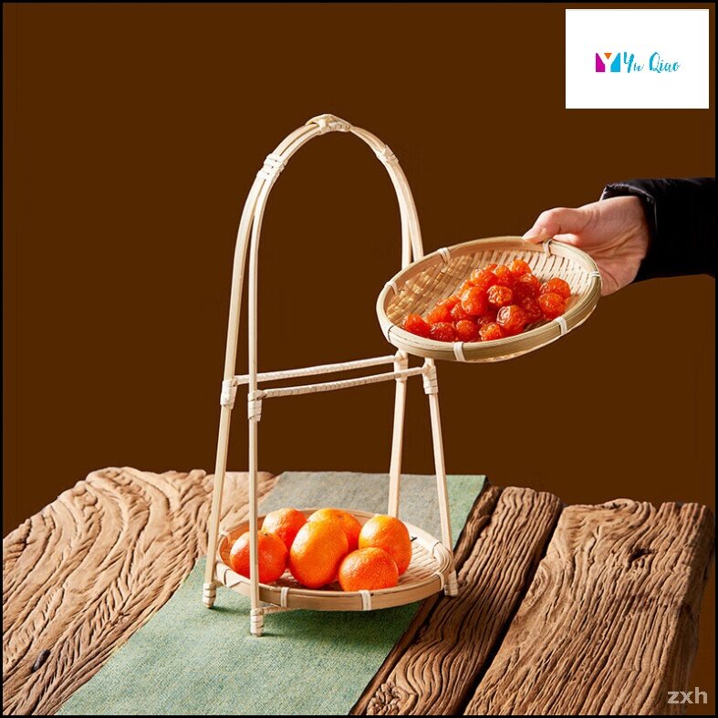 Suncojia Tea Brewing Set with Tray, Bamboo Woven Fruit Basket, Fruit Plate, Pastry And Tea Fruit Plate, Double Layer, Natural Wood Color, One Size Fits All
