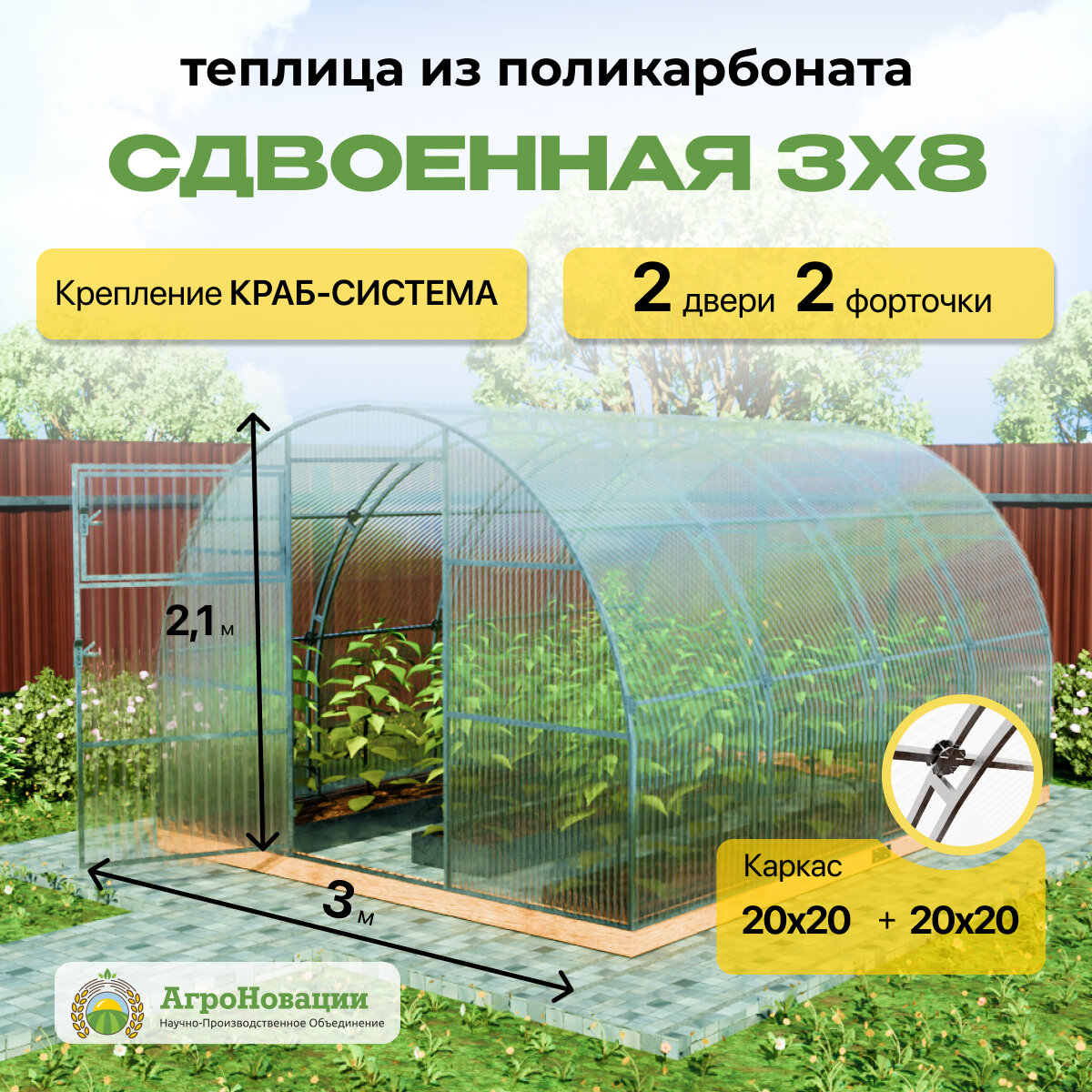 Теплица арочная "Заря Сдвоенная" 3х8 с поликарбонатом 4мм. Оцинкованная двойная дуга 20х20+20х20, краб - система крепежа