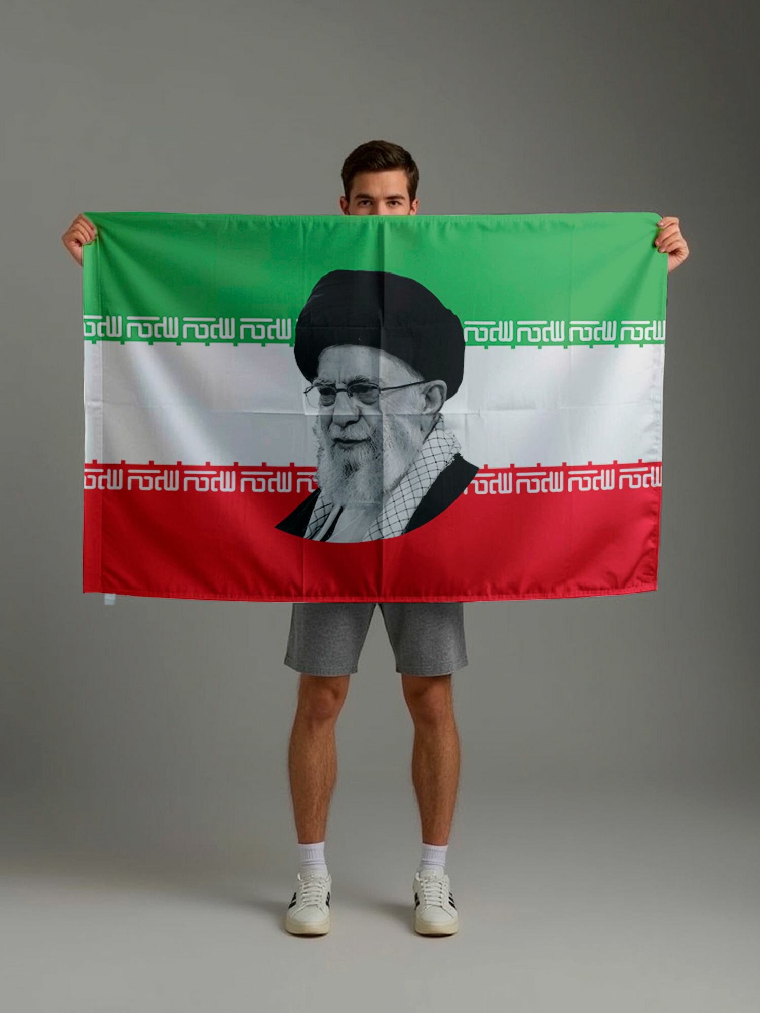 Флаг Ирана аятолла Али Хаменеи, 90х135 см на шёлке для ручного древка