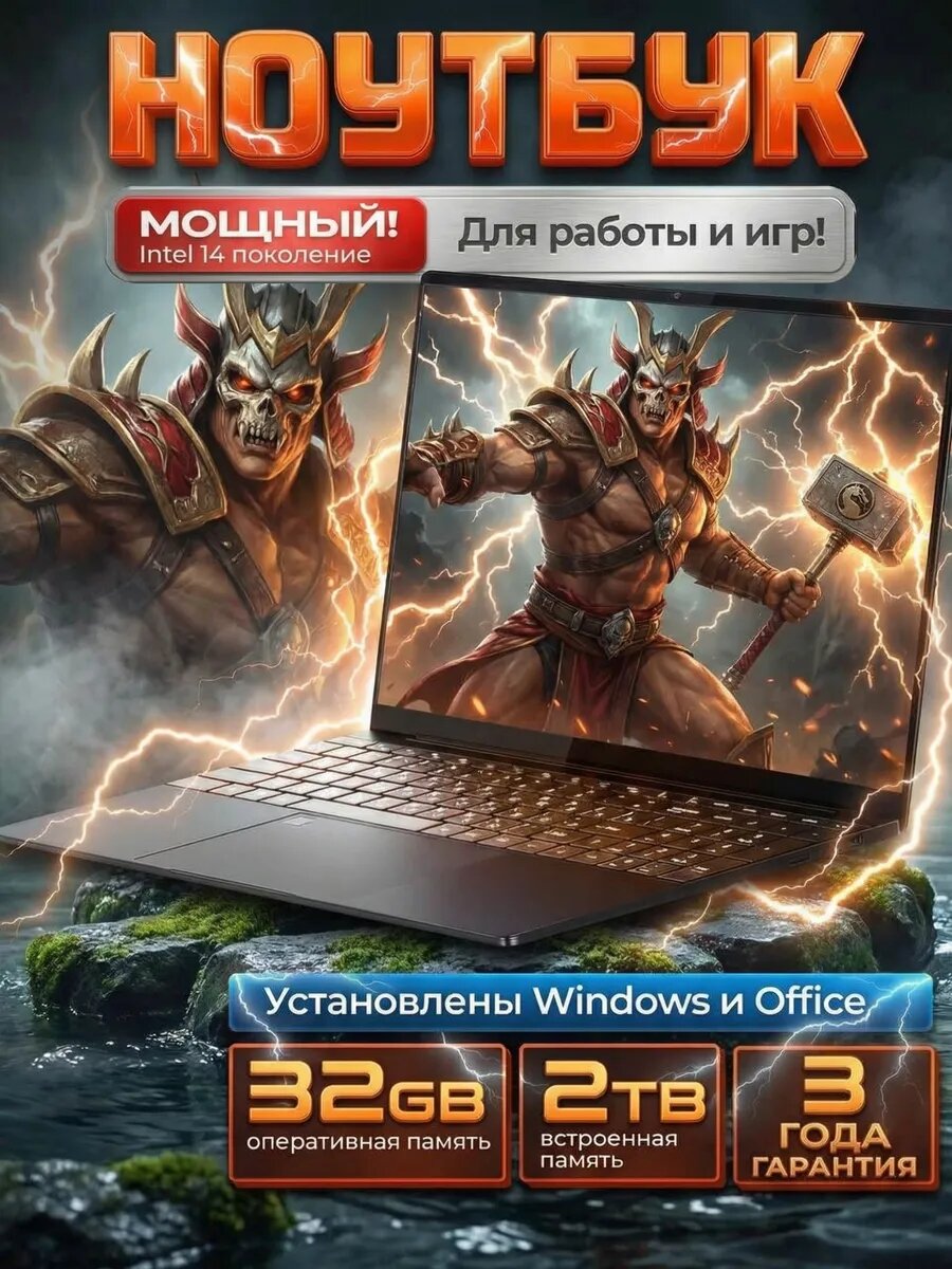 Ноутбук игровой 2026 Intel H-series, RAM 32GB, SSD 2048GB, IPS + Windows, Office