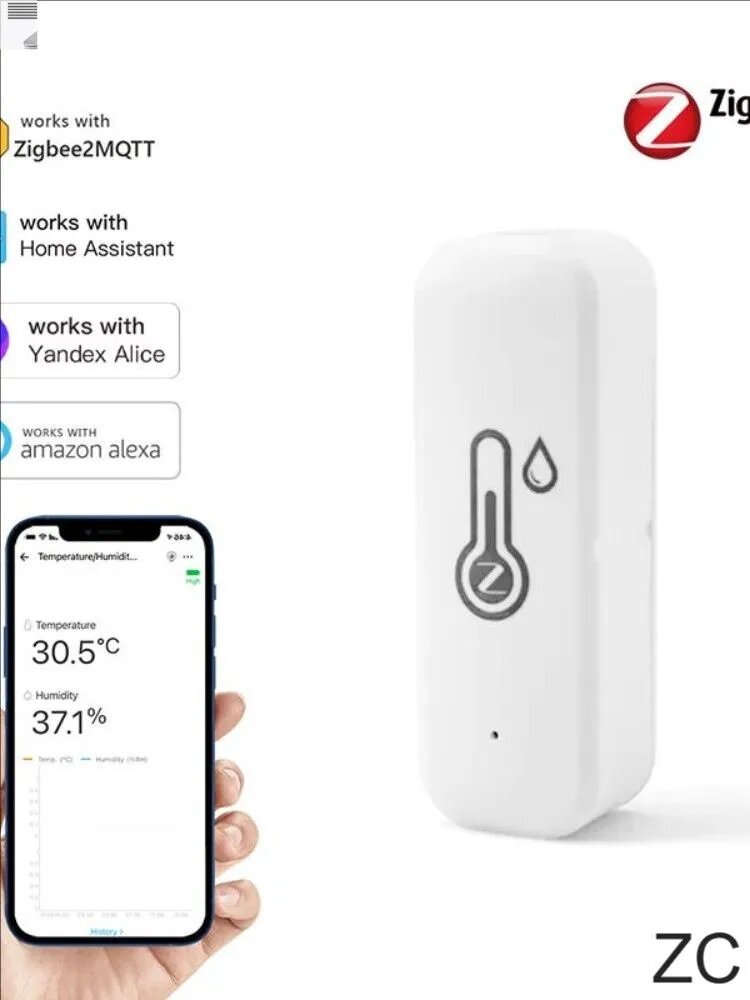 Zigbee Smart Home Temperature and Humidity Sensor Works with Alexa, Home Assistant, Yandex Alice White