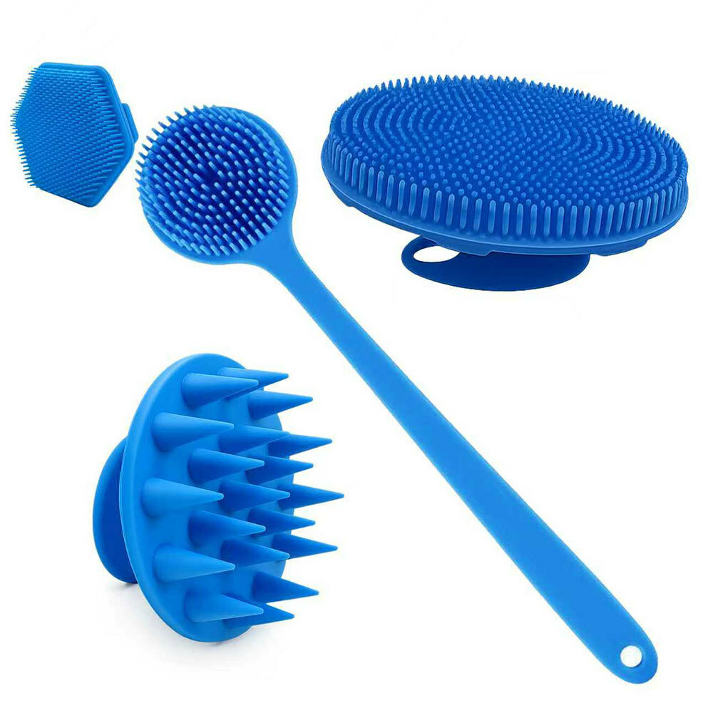 Набор из четырех предметов для умывания лица, мытья волос и тела: силиконовая щетка для ванны, очищающее средство для лица, щетка для тела и массажер с длинной ручкой.