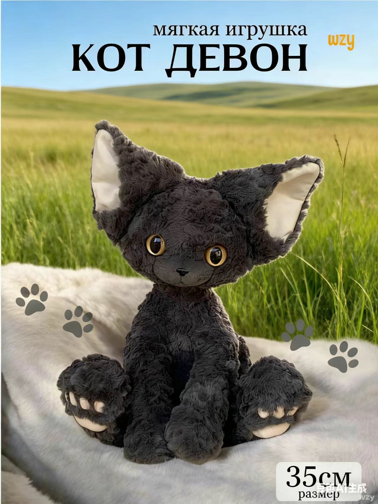 Мягкая игрушка Немецкий кот, кот Девон, 35 см черный, Игрушечный котенок