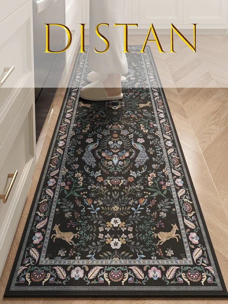 DISTAN Ковер Моющаяся кухонная дорожка для прихожей Внутренняя нескользящая мягкая ковровая дорожка с цветочным рисунком для коридоров, кухни, прачечной, спальни, ванной комнаты (черная) 240x80 см