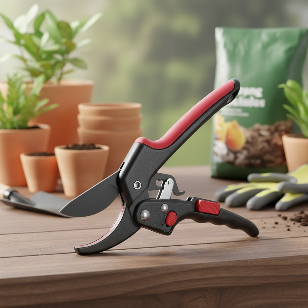 Секатор , с храповым механизмом, сталь, черно-красный, 1 шт