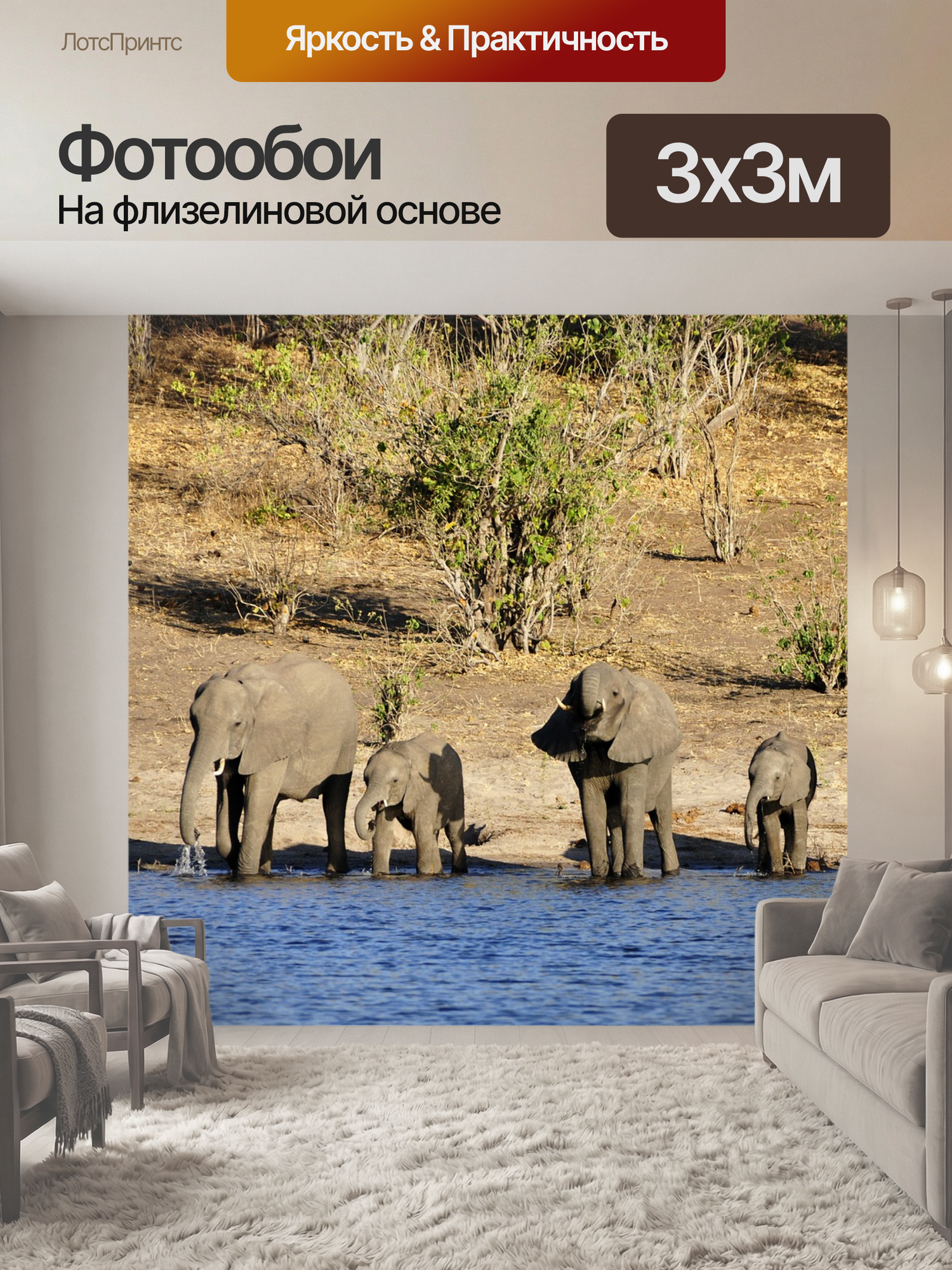 Фотообои "Слон, воды слон, слоненка" 300x300 см. экосольвентная печать